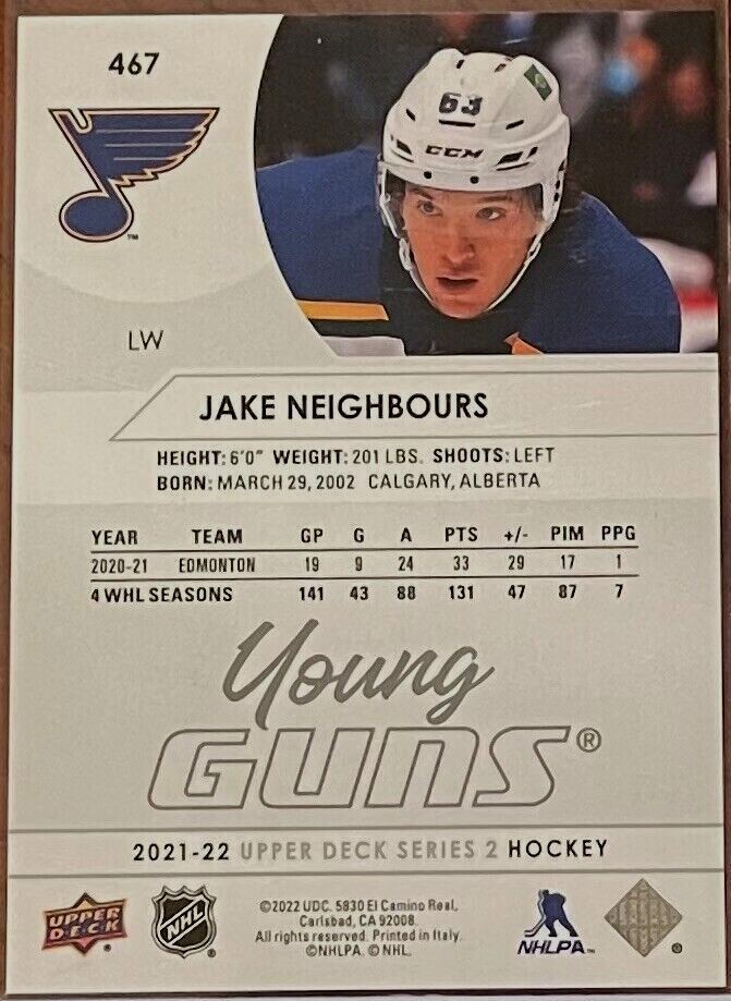2021-22 Upper Deck Young Guns #467 Jake Neighbours - St. Louis Blues | eBay