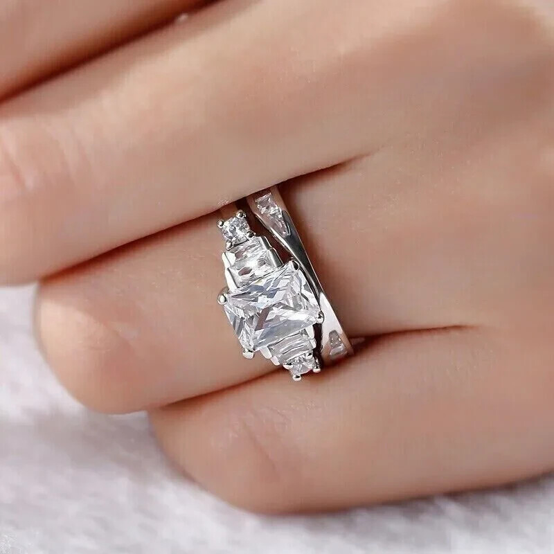 3Ct Emerald Simulated Diamond Bridal Wedding Band Ring Set 14K White ...