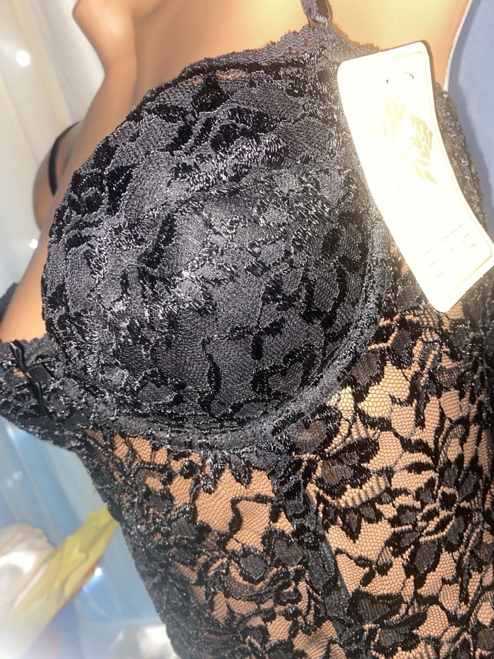 Vtg CORSET Merry Widow Bra Top FLORAL LACE Bow metal bone in GARTERS 40 ...