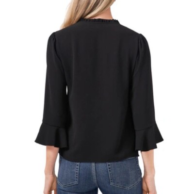 New CeCe Ruffle Cuff 3/4 Sleeve V-Neck Crepe Blouse Rich Black