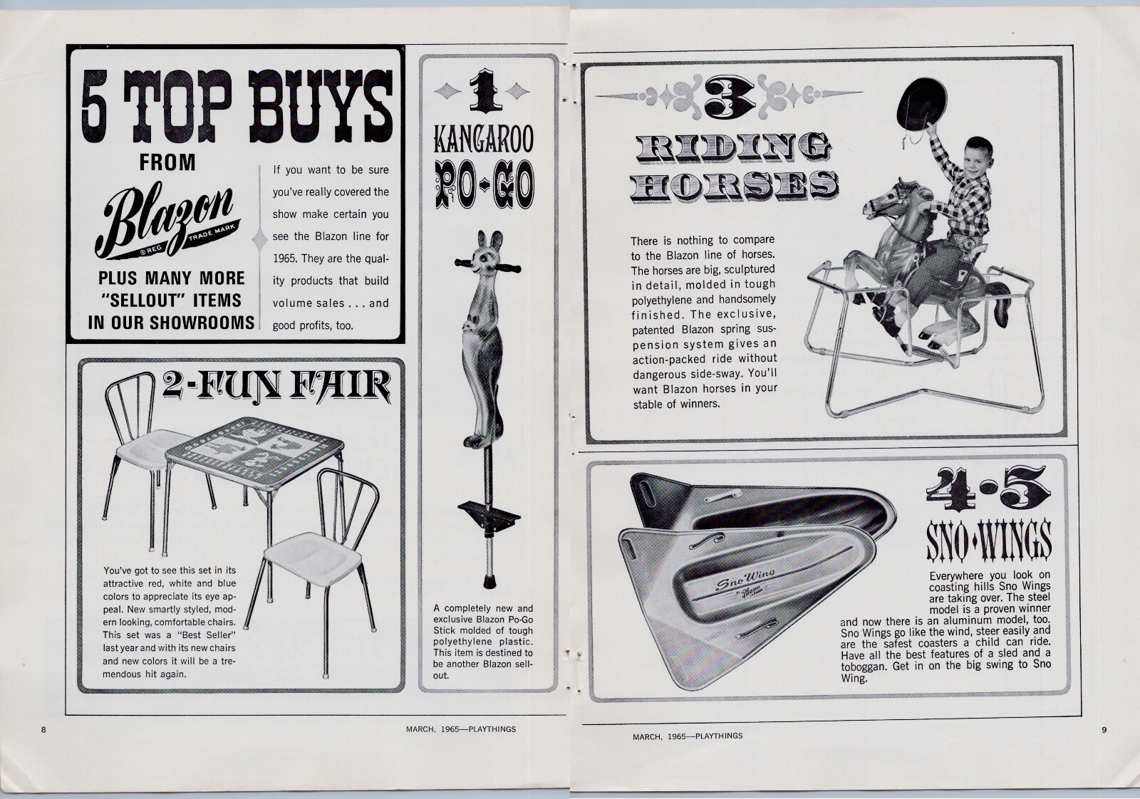 1965 Blazon Vintage Toy Ad Sno Wing Sled + Kangaroo Po-Go + Riding ...