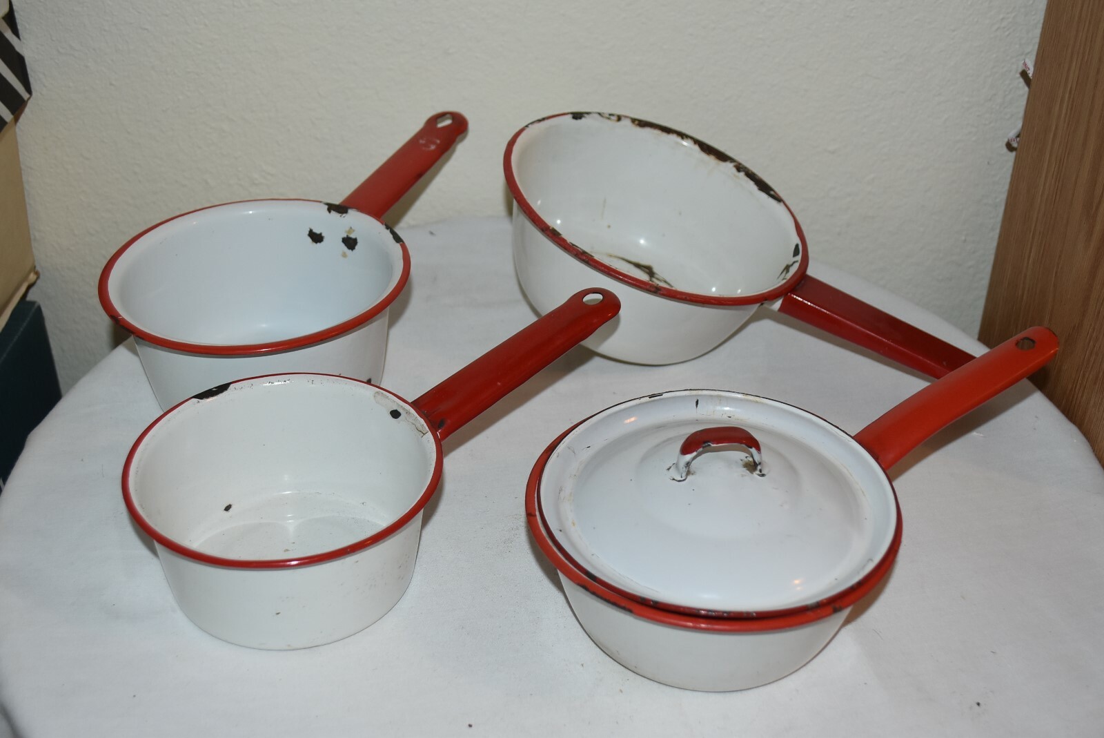 5 piece Vintage WHITE PORCELAIN ENAMELWARE Red Rim Saucepan & Lid ...