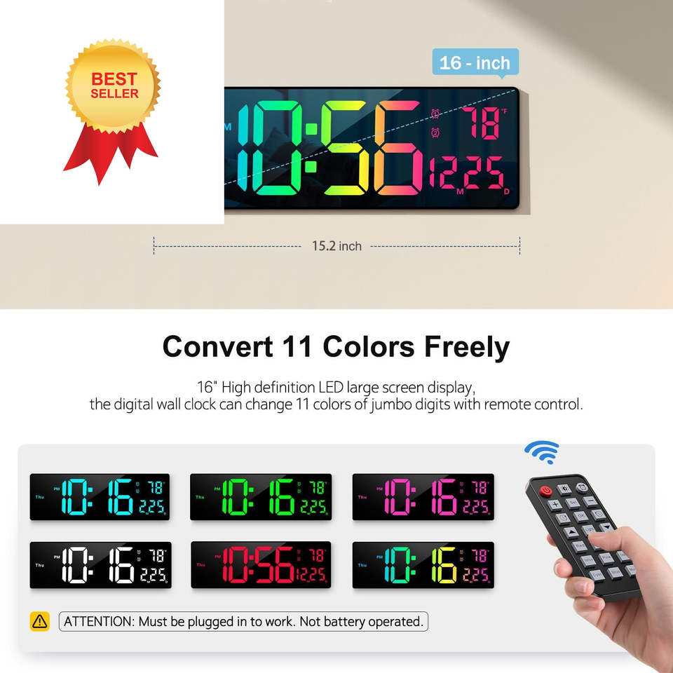 Digital Wall Clock Large Display 16", with 11 Large, Multicolor | eBay