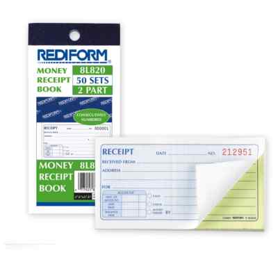 Rediform Money Receipt Book 2-Part Carbonless 50 Sets 2-3/4"X5" Office ...
