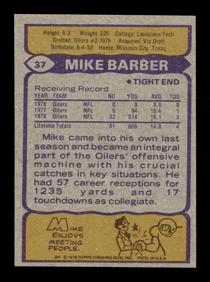 1979 Topps #37 Mike Barber Houston Oilers Rookie RC EX+ Football Card ...