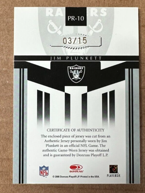 2006 Donruss Gridiron Gear Jim Plunkett Game used patch autograph auto ...