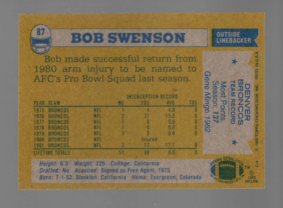 1982 Topps #87 Bob Swenson NM/Mint | eBay