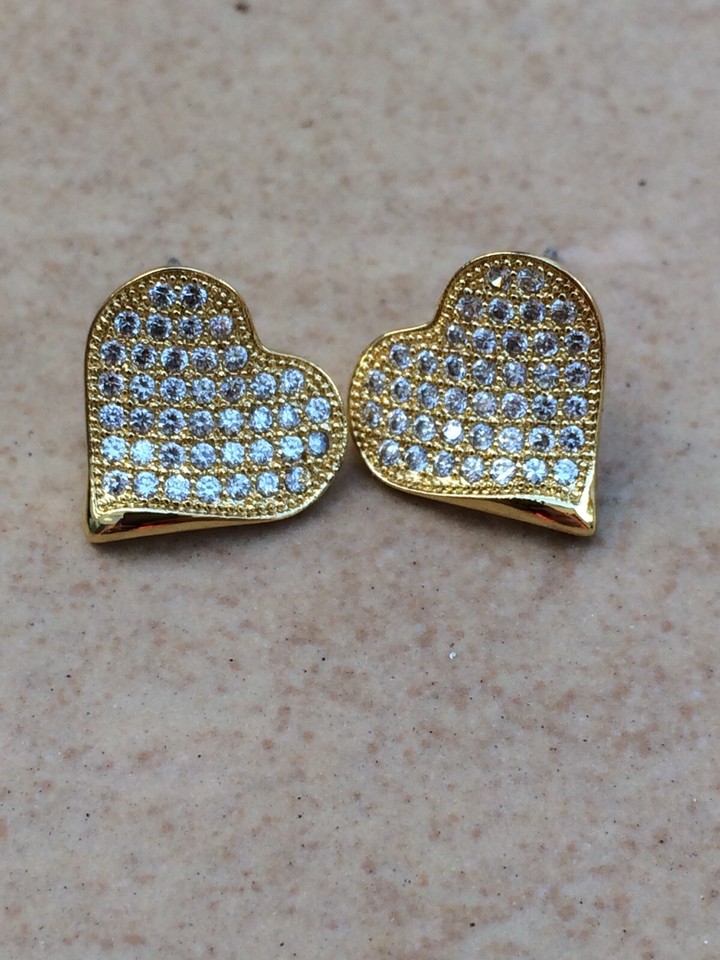 Gold Plated Lopsided Heart Shape Pave Cubic Zirconia CZ Stud Earrings ...