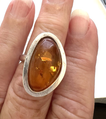 BEAUTIFUL Sterling Silver Golden Amber Ring Modernist Amazing Large ...