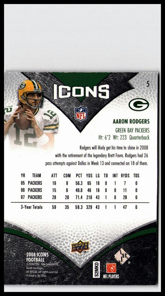 2008 Upper Deck Icons #5 Aaron Rodgers Green Bay Packers | eBay