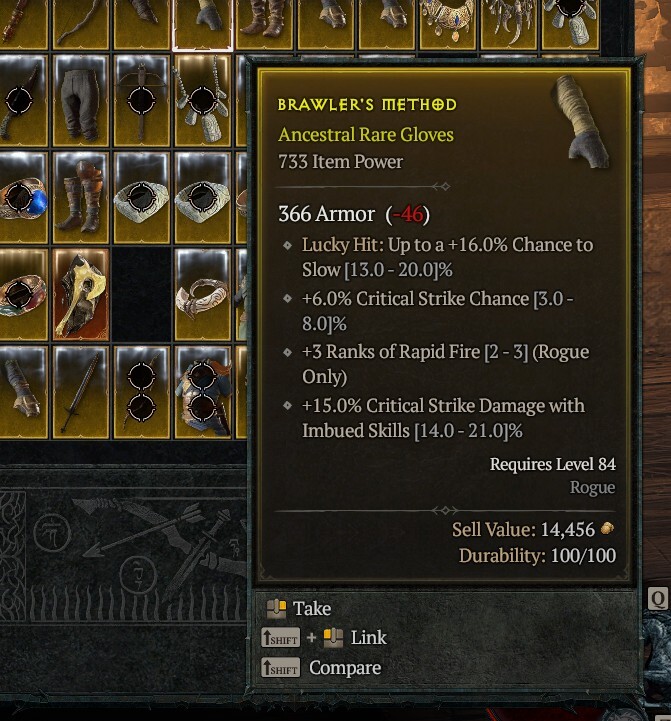 diablo 4 Gloves 6% Critical chance 3 rapid fire lucky hit 15% imbued ...