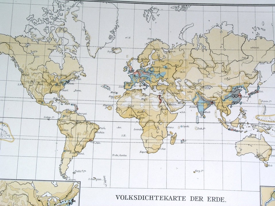 1911 ANTIQUE MAP OF WORLD RACES RELIGIONS POPULATION DENSITY EUROPE ...