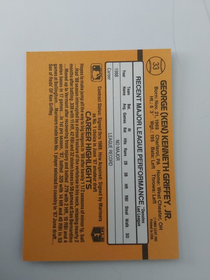 1989 Donruss KEN GRIFFEY JR #33 RR Card NO DOT After INC & Birthplace ...