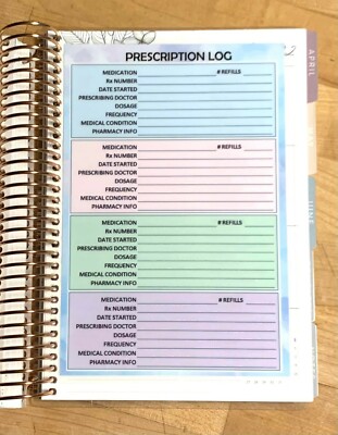 Prescription Medication Rx Log Dashboard 4 use with ErinCondren A5 Coil ...