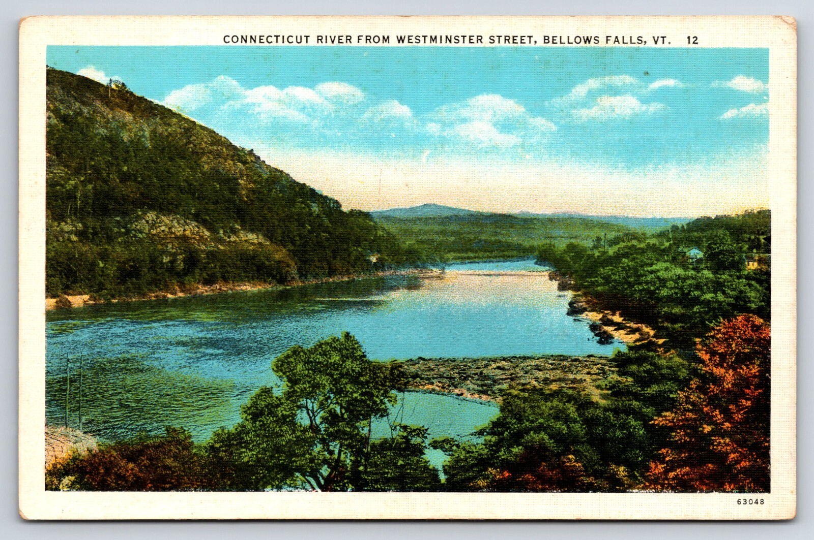 Connecticut River from Westminster Street Bellows Falls, VT. Vtg Linen ...