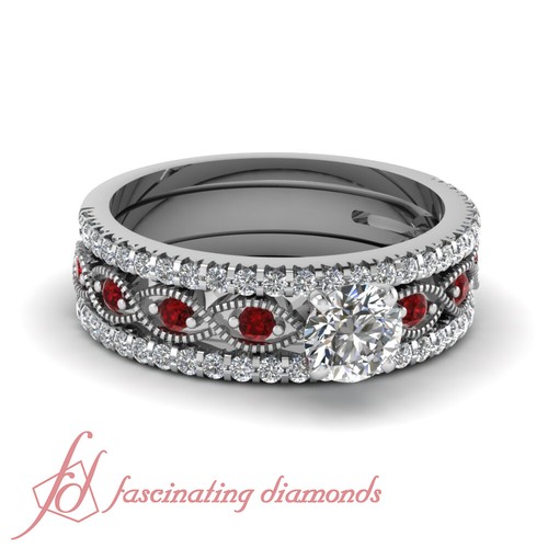 1 Ct Ruby And Round Diamond Engagement Ring With 2 Diamond Bands GIA ...
