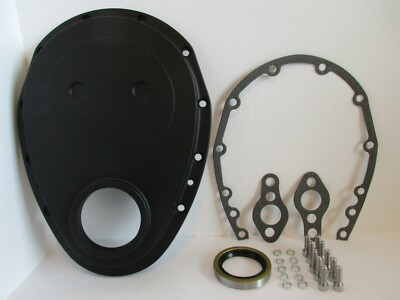 SMALL BLOCK CHEVY BLACK ALUMINUM TIMING CHAIN COVER sbc 283 327 350 ...