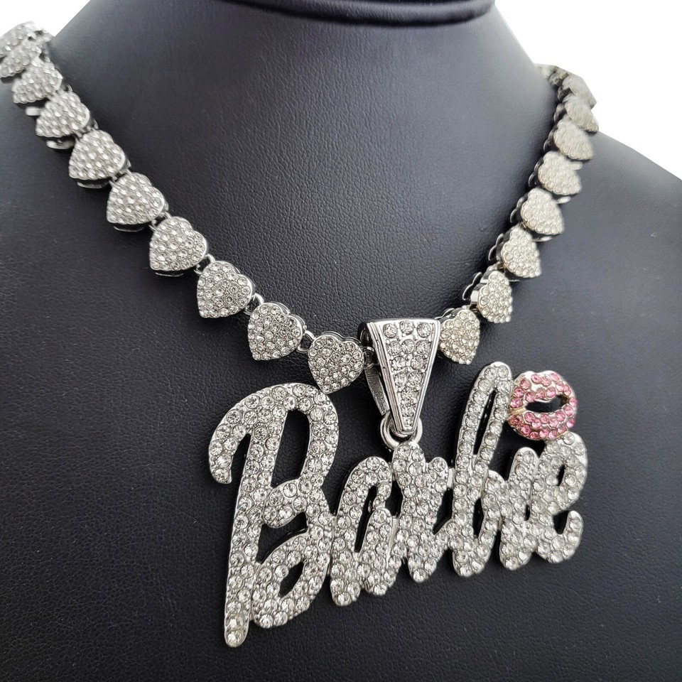 Women Silver Plated Barbie Charm & 20" Iced Cubic Zirconia Heart Chain ...