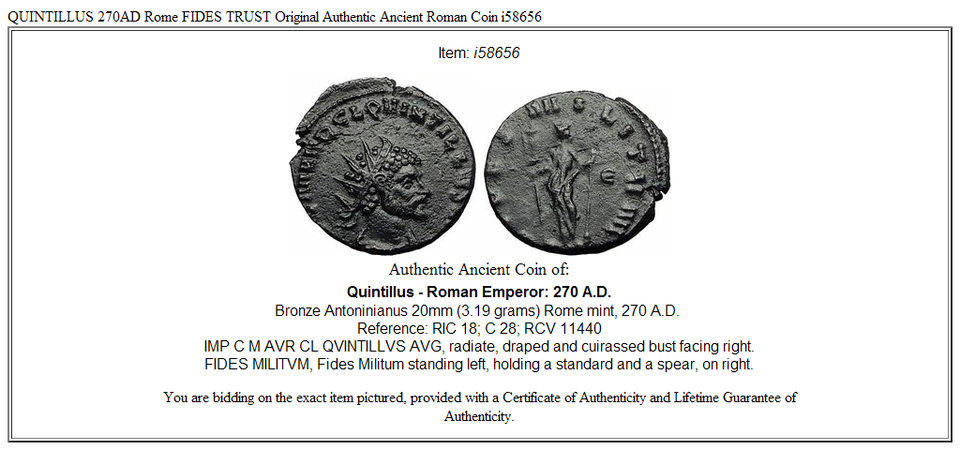 QUINTILLUS 270AD Rome FIDES TRUST Original Authentic Ancient Roman Coin ...