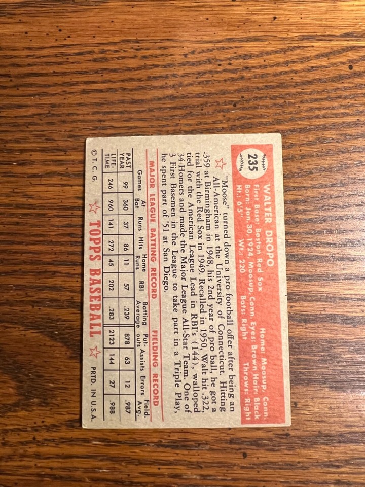 1952 TOPPS BASEBALL CARD #235 WALT DROPO EX+/EXMT!!!!!!!!! | eBay