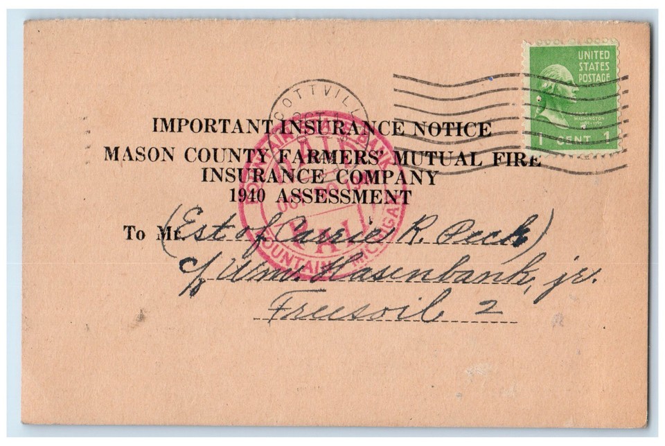 c1940's Mason County Farmers Mutual Fire Insurance CO Scottville MI ...