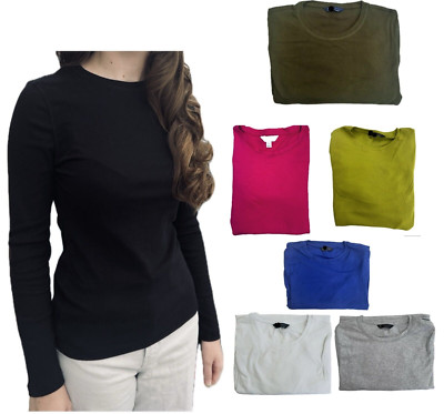 Ladies Marks Ribbed Fitted Top Crew Neck Cotton Long Sleeve Pink White ...