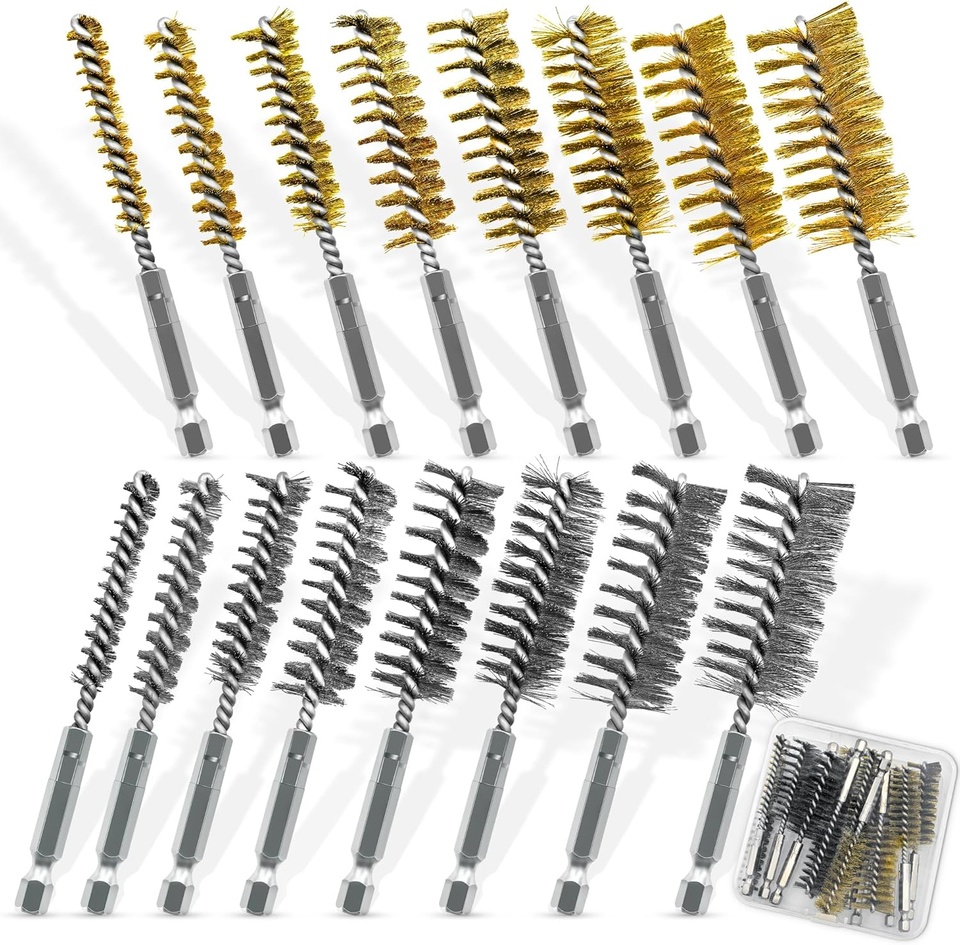 16-Piece Bore Brush Set - 304 Stainless Steel & Brass Drill Wire Bore ...