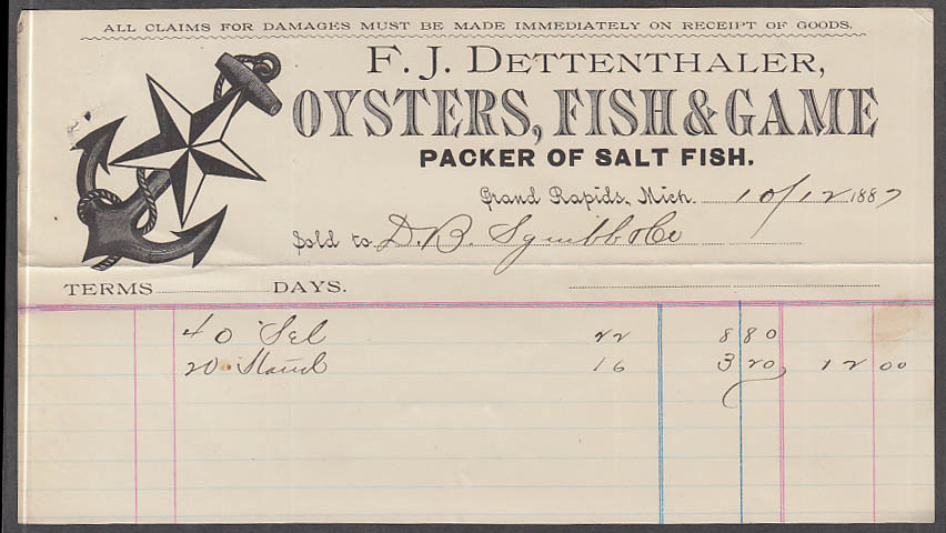 F J Dettenthaler Oysters Fish & Game invoice 10/12 1887 Grand Rapids MI ...