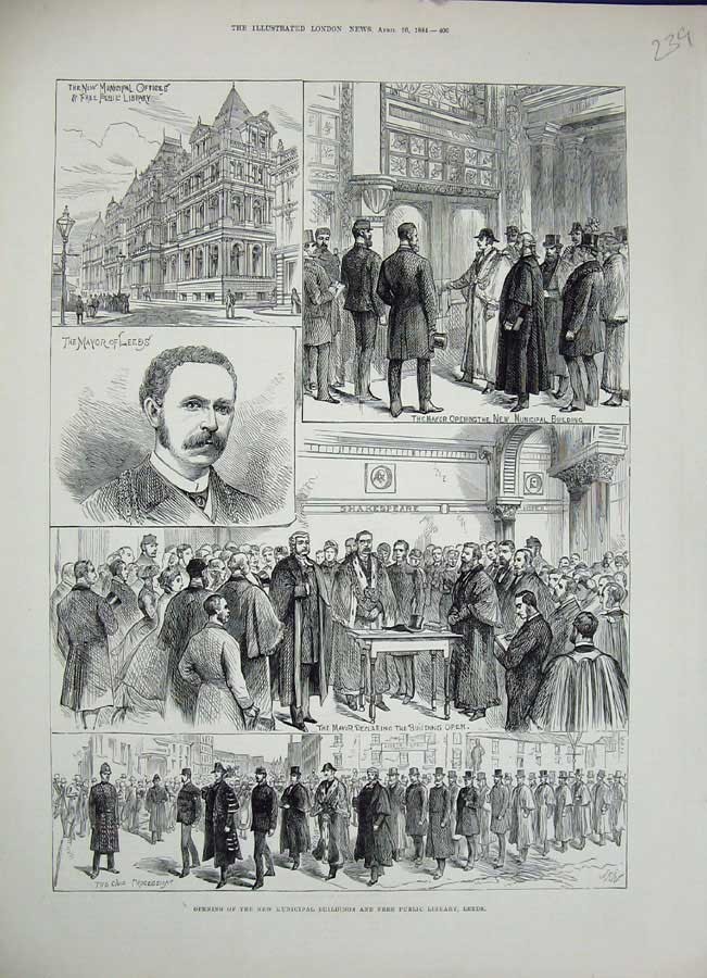 Old Antique Print 1884Municipal Buildings Free Public Library Leeds ...
