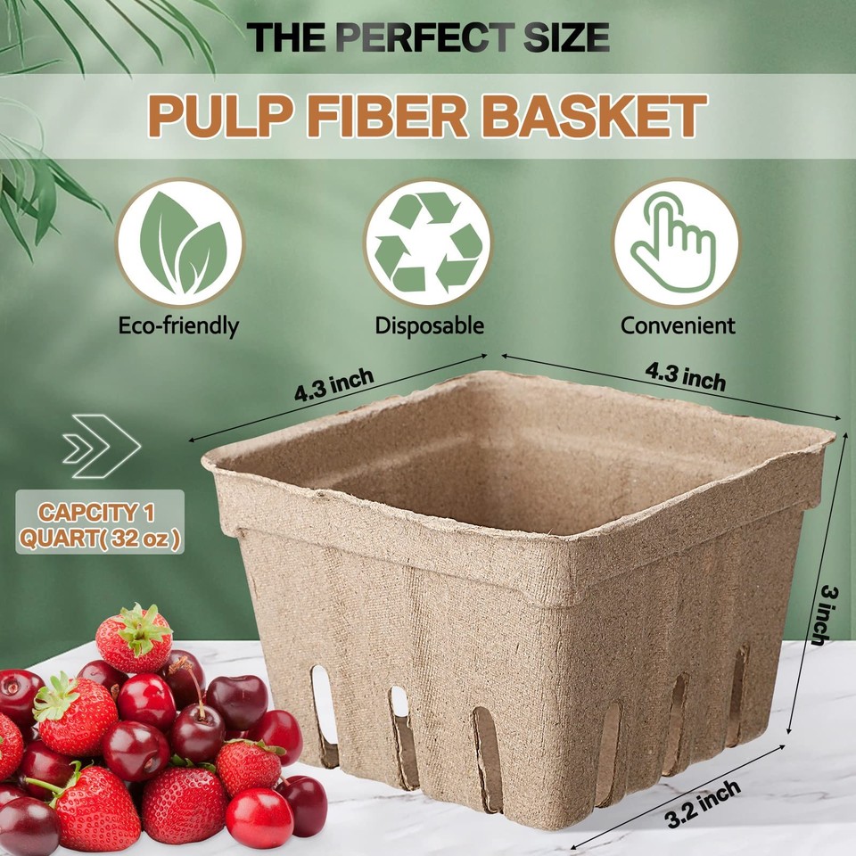 80 Pcs Natural Pulp Fiber Berry Basket 1 Pint, 4.3 x 4.3 x 3 Inch ...