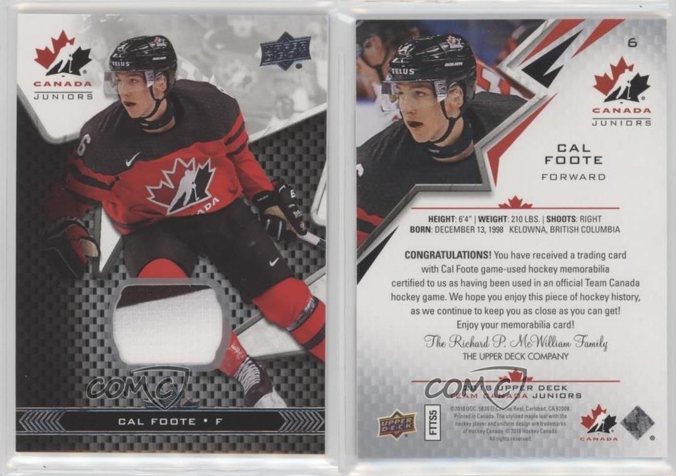 2018 Upper Deck Team Canada Juniors Team Canada Jerseys Cal Foote #6 ...