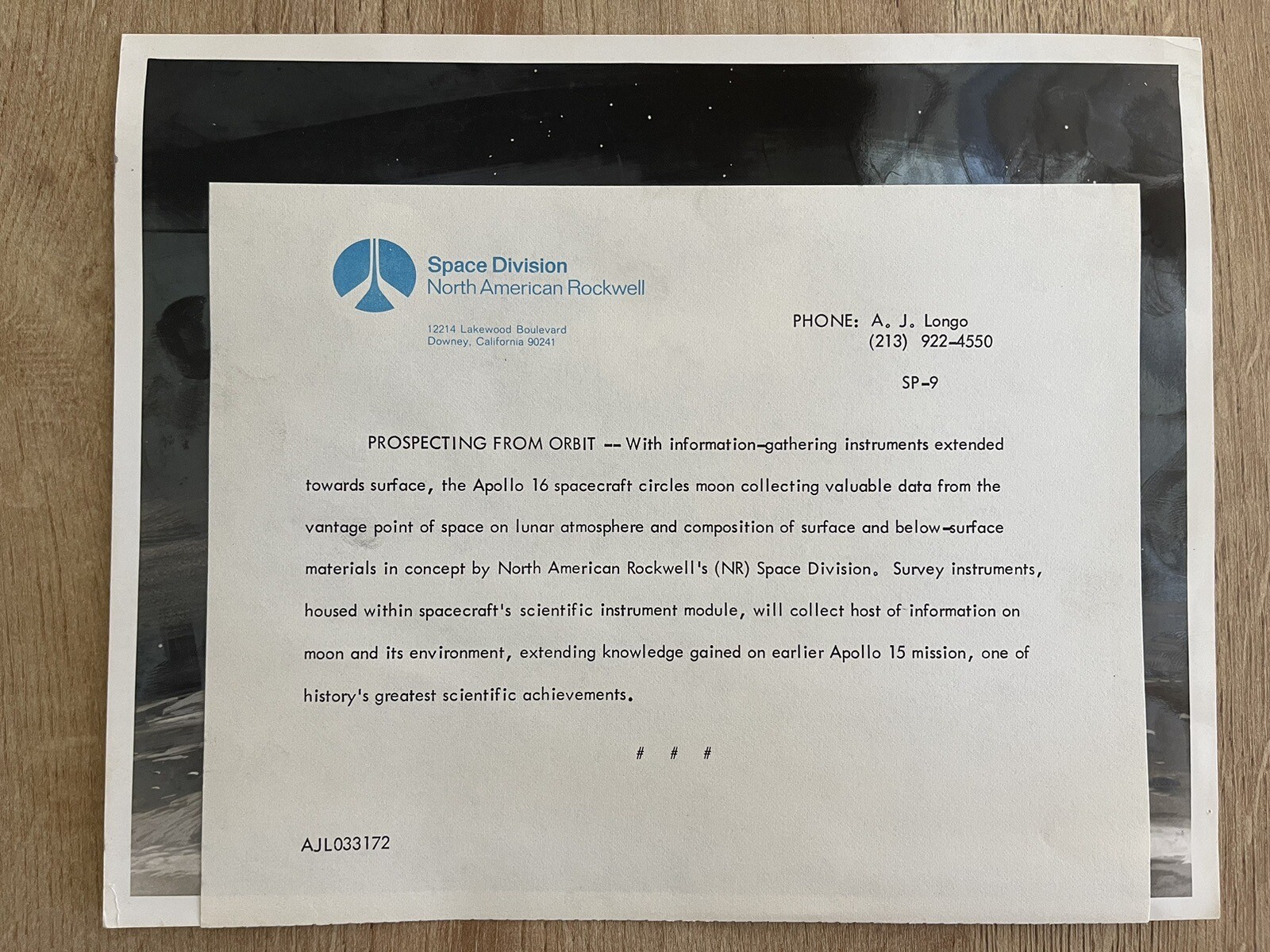 NASA Apollo 16 Space Division Rockwell Letter & Photo/Rendering of Sim ...