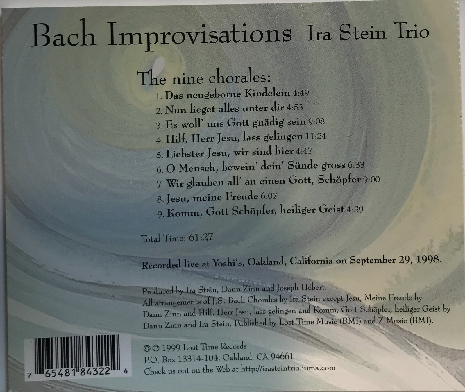 Ira Stein Trio ‎: Bach Improvisations : Live In Concert (CD 1998 Lost ...