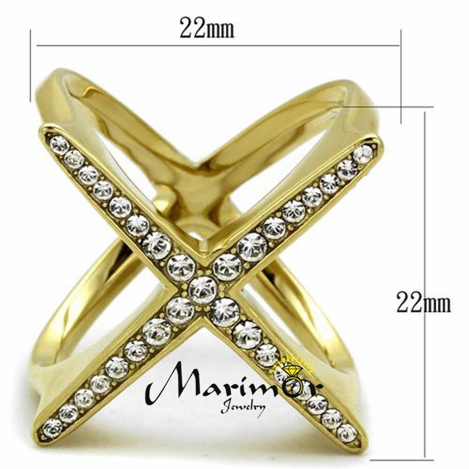 14k Gold Ion Plated Stainless Steel X Shaped Crystal Fashion Ring ...