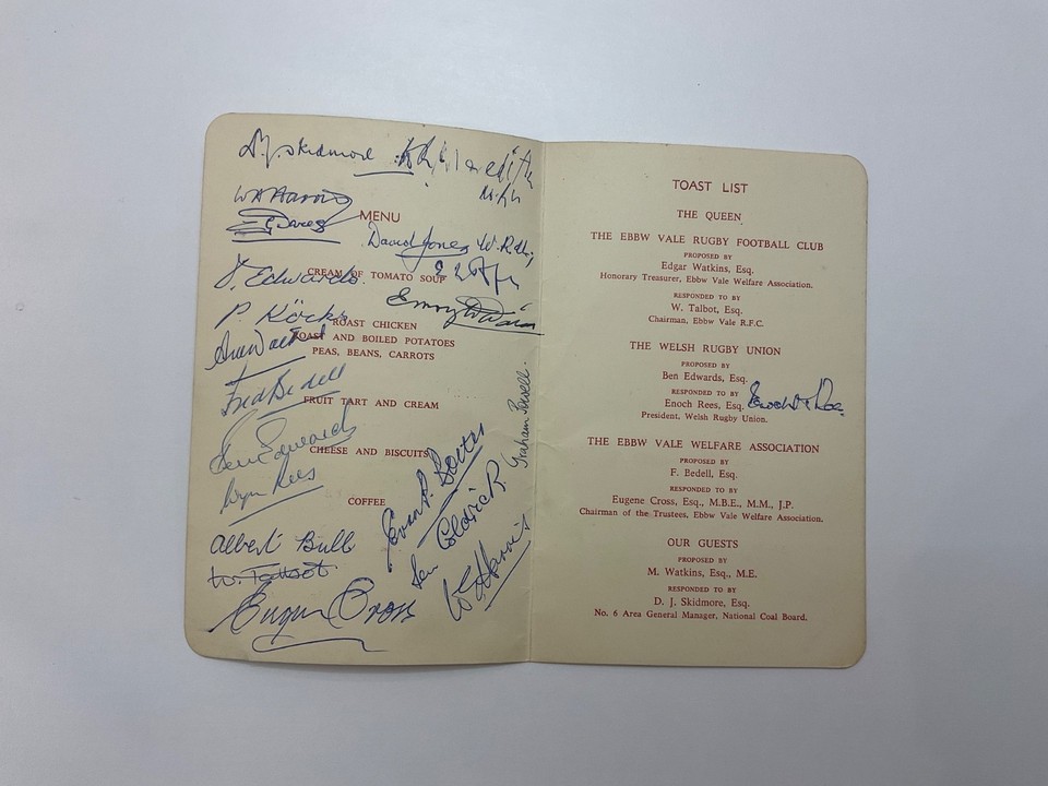 Multiple Signatures - 1957 Ebbw Vale RFC / Welfare Association Dinner ...