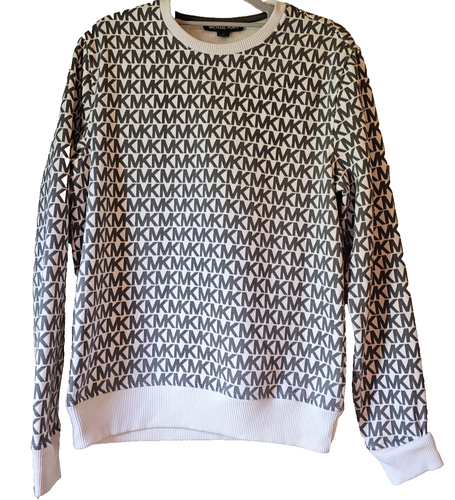 Michael Kors MK Logo Print Crewneck Pullover Sweater White Gray Knit ...