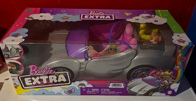 Barbie EXTRA Vehicle, Sparkly Silver 2-Seater Car with Rolling Wheels ...