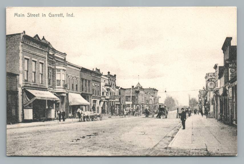 Main Street GARRETT Indiana SWAN IN Cancel DPO Doane Antique Noble ...