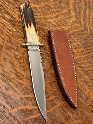 VINTAGE CUSTOM JOHN W BUDGEN SURVIVAL BOWIE KNIFE STAG HANDLE W/ SHEATH ...