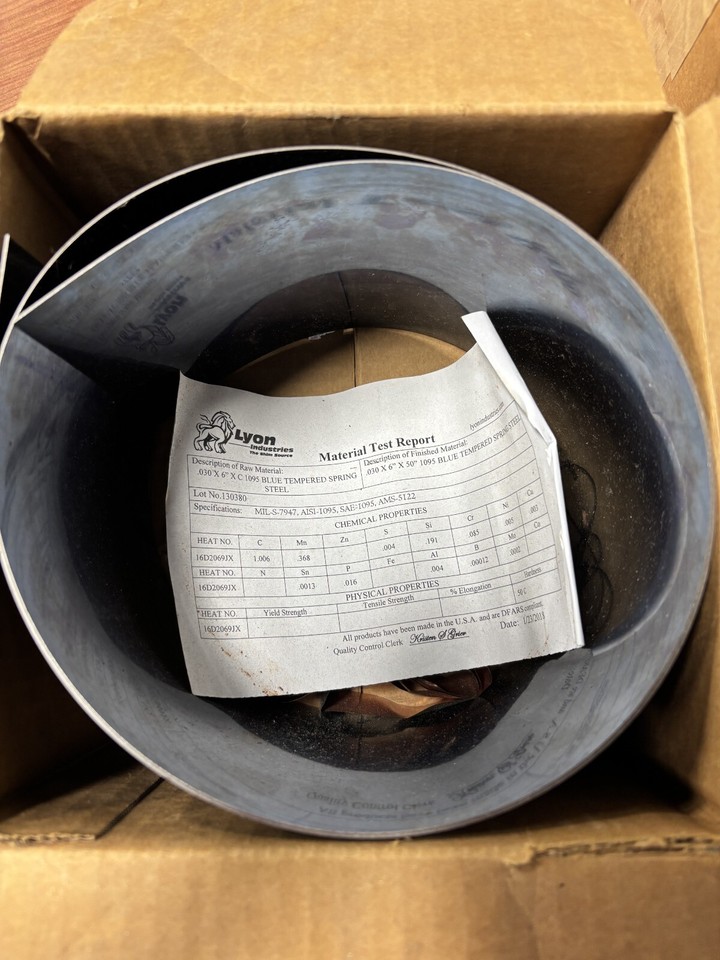 Made in USA Grade 1095 Blue Tempered Spring Steel Roll: 50"L x 6"W x 0. ...