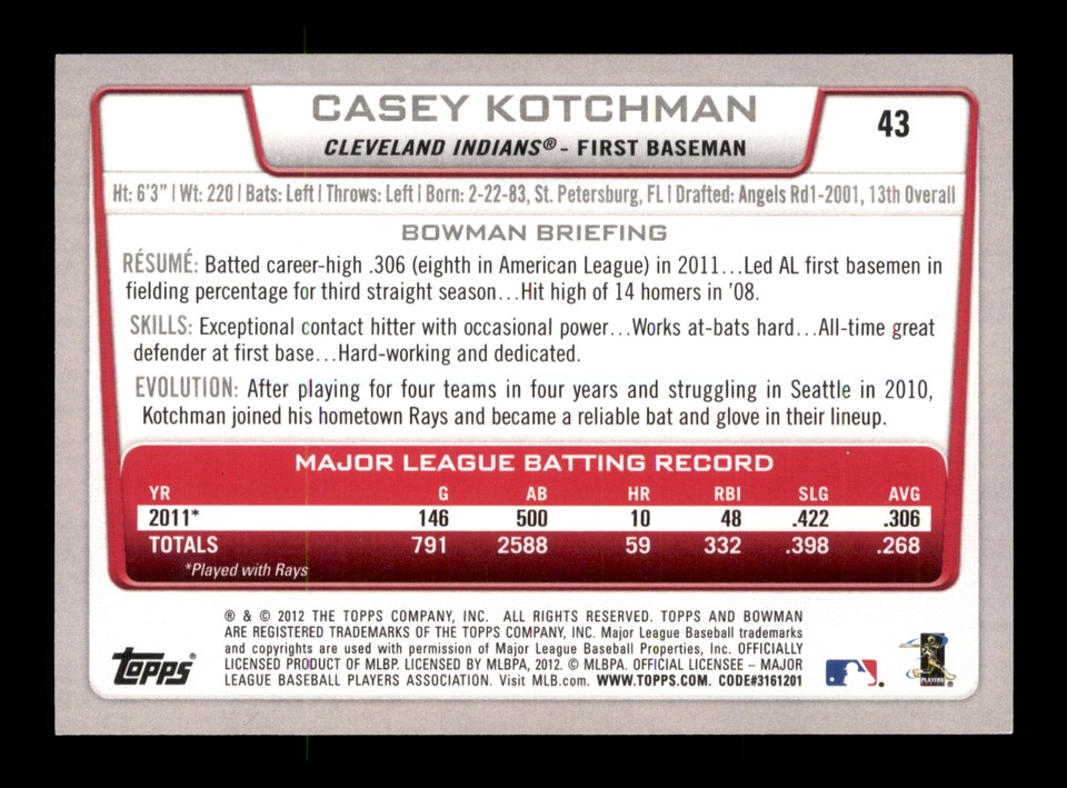 2012 Bowman #43 Casey Kotchman Cleveland Indians Baseball Card | eBay