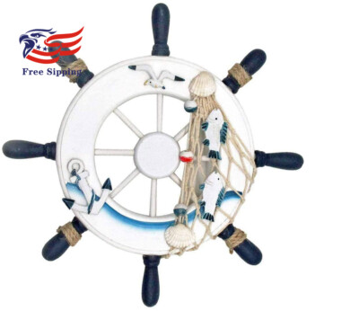 Nautical Beach Wooden Ship Wheel Anchor Rope Boat Steering Rudder Wall ...