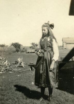 AB111 Vtg Photo GIRL BIG BOW SILK TAFFETA, WOOD SPLITTING PILE c Early ...