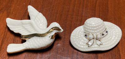 Vintage LENOX Easter hat brooch pin + Peace dove ivory porcelain gold ...