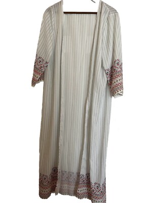 Shein Striped Duster Summer Kimono White Blue Geometric Floral Motif Sz ...