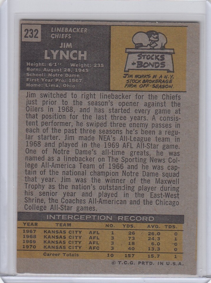 1971 Topps Football Card #232 Jim Lynch Kansas City Chiefs - Ex-ExMt | eBay