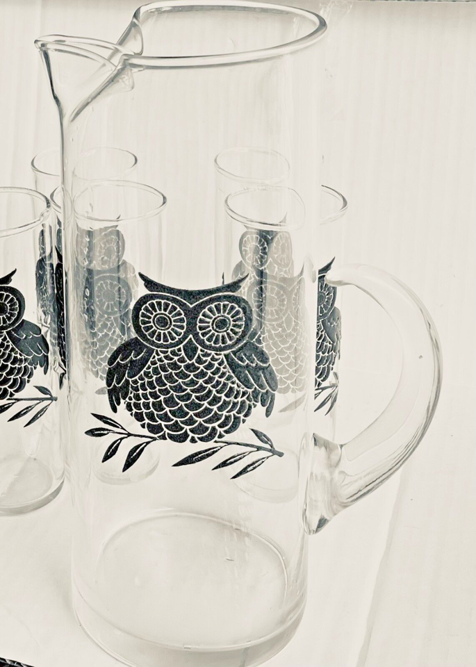 VINTAGE WEST VIRGINIA GLASS OWL PITCHER 8" WITH 5- 14OZ GLASSES ...