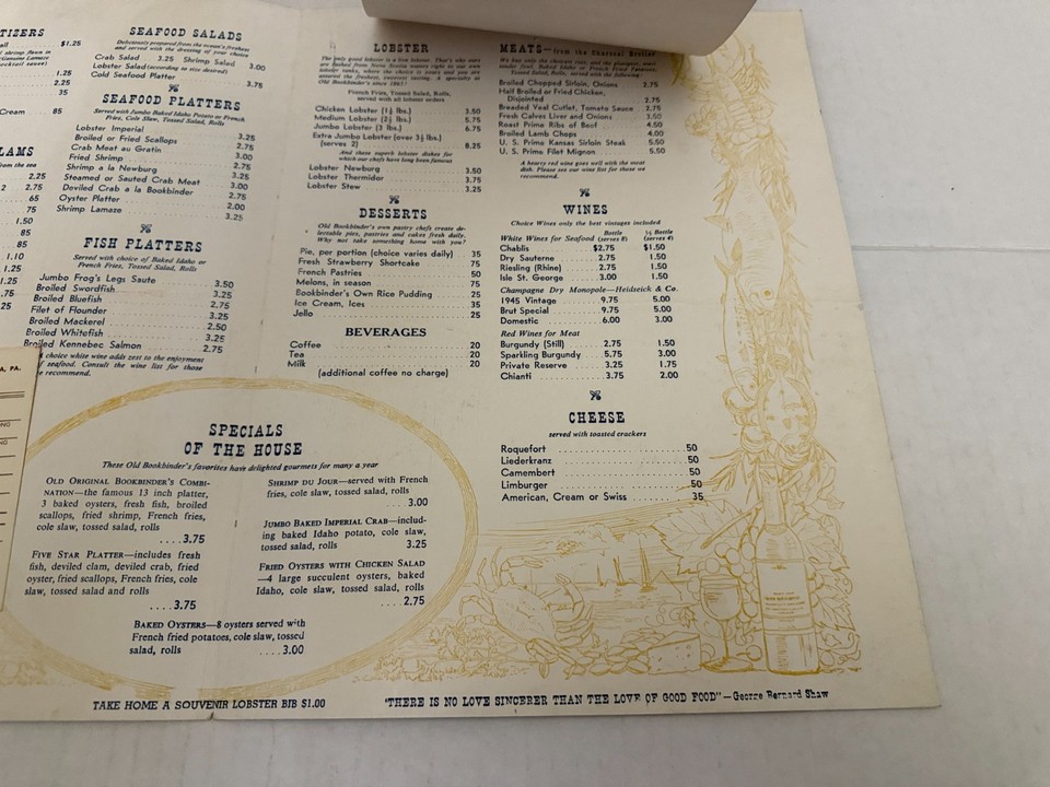Vintage 1954 Old Original Bookbinder's Restaurant Menu Philadelphia PA ...