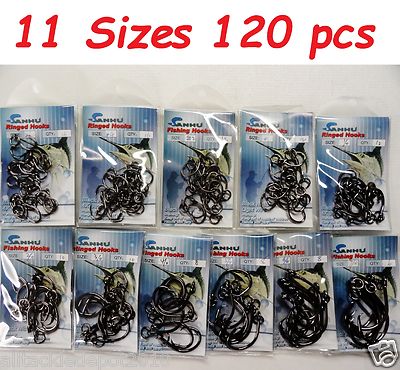 4x Strong Ringed Circle Hooks Black Nickel 11 Sizes 120 fishing hooks ...
