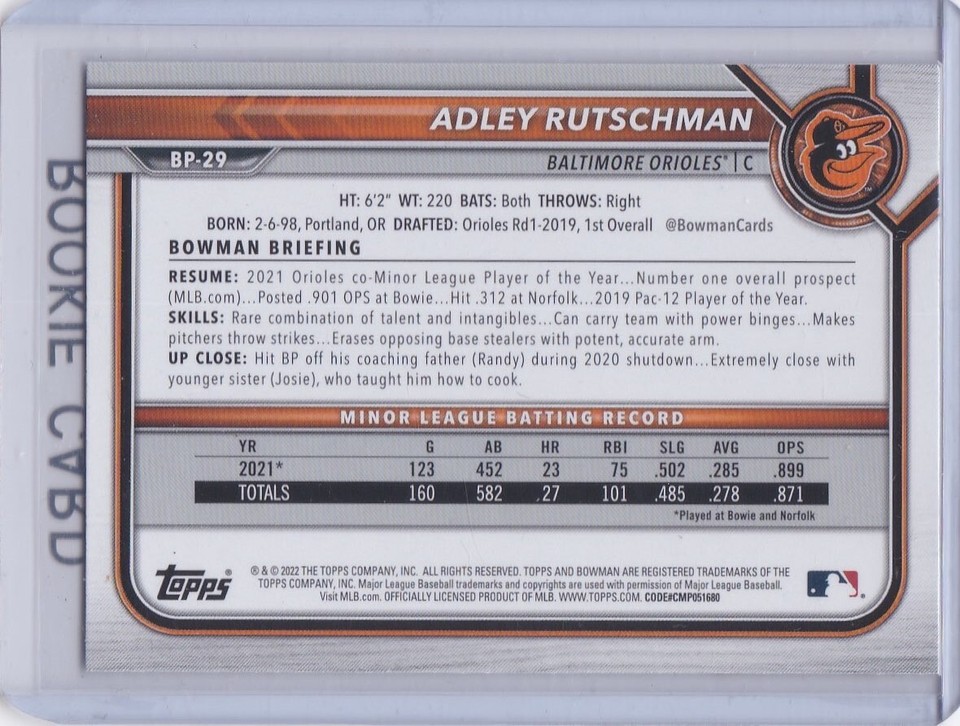 ADLEY RUTSCHMAN ROOKIE CARD 2022 Bowman Baseball Draft Pick BALTIMORE ...